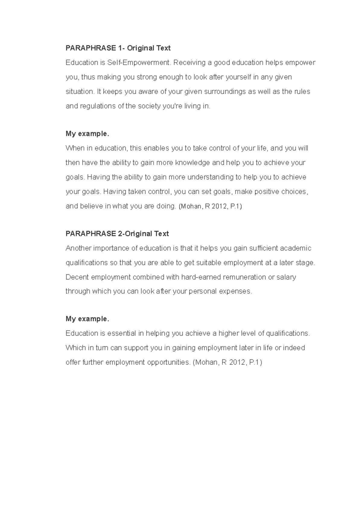 Academic writing Skills Unit 3 - PARAPHRASE 1- Original Text Education ...