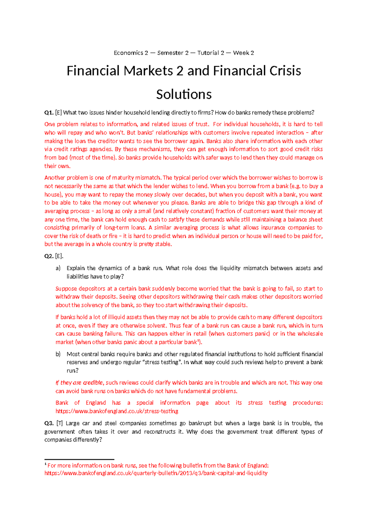 Tutorial 2 - Solutions - Economics 2 — Semester 2 — Tutorial 2 — Week 2 Financial Markets 2 and ...
