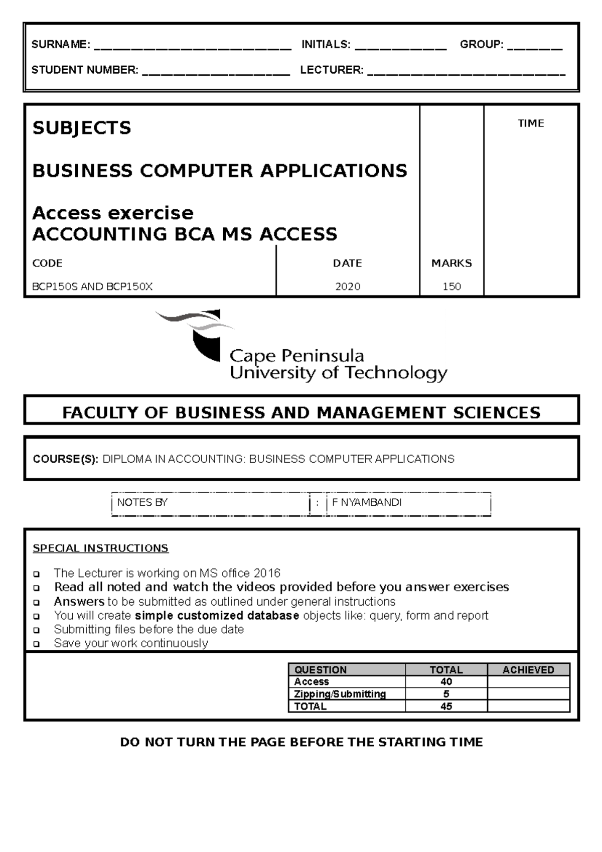 Bcp150s 2020 Access Execise Surname
