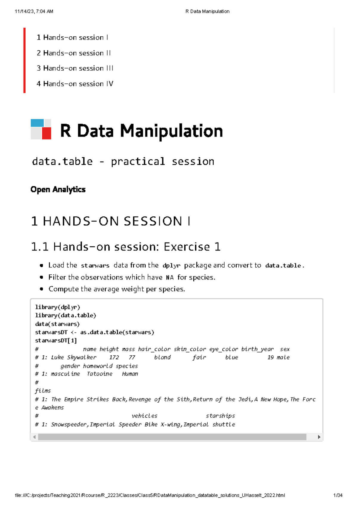 R Data Manipulation Solutions - 2 Hands-on session II 3 Hands-on session III 4 Hands-on session ...