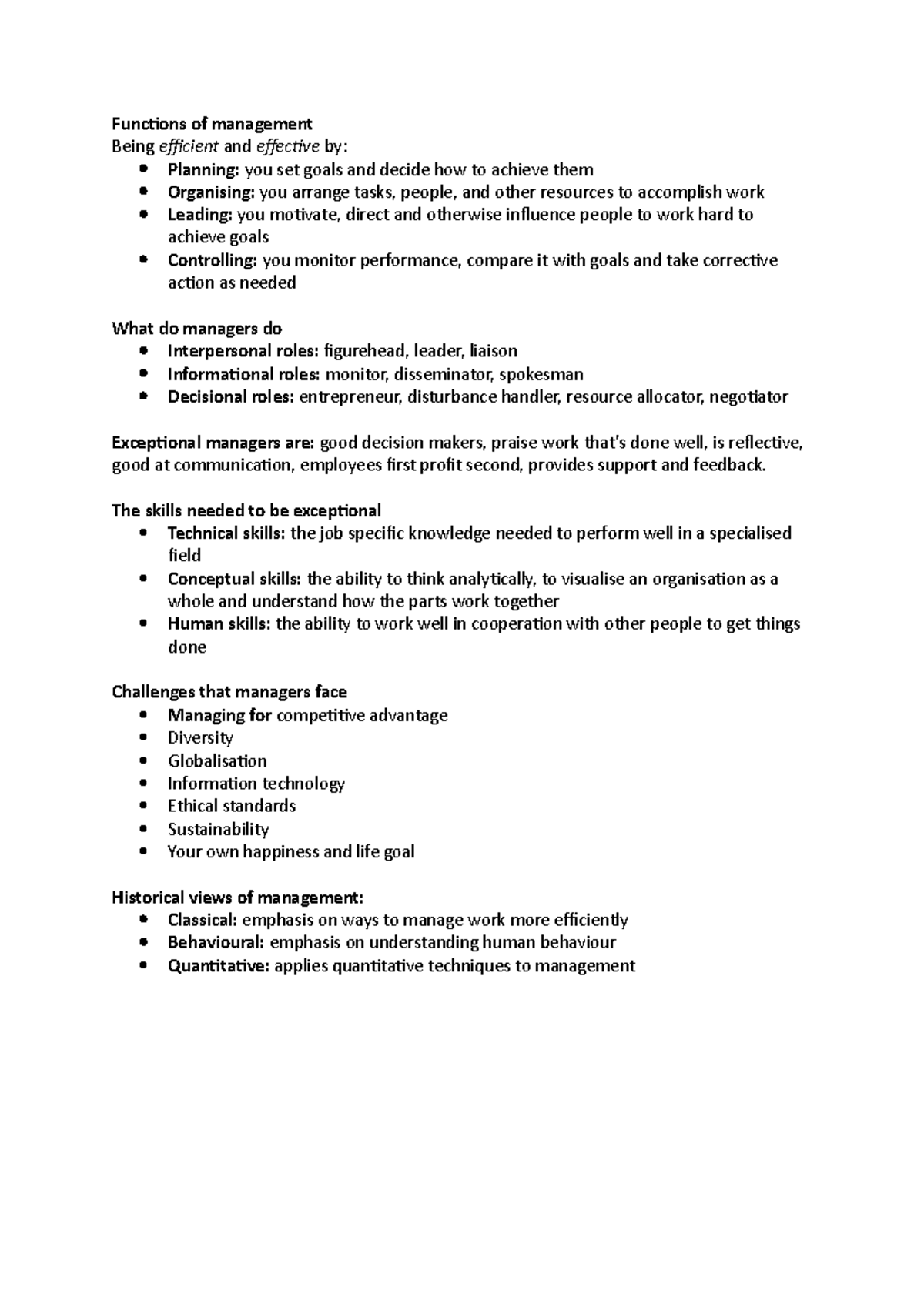 Week 1 - course notes - Functions of management Being efficient and ...