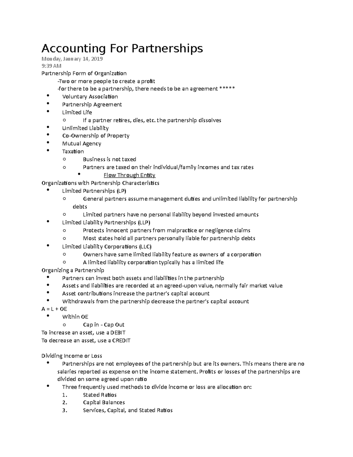 Chapter 12 Notes - Accounting For Partnerships Monday, January 14, 2019 ...
