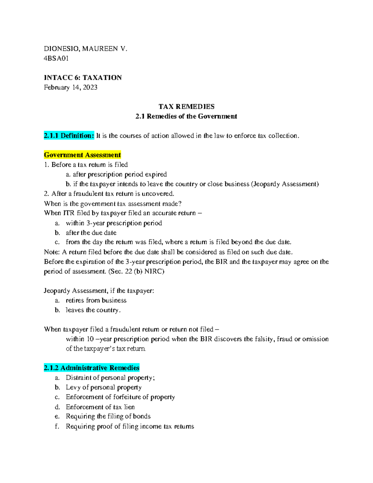 TAX Homework 22 - DIONESIO, MAUREEN V. 4BSA INTACC 6: TAXATION February ...