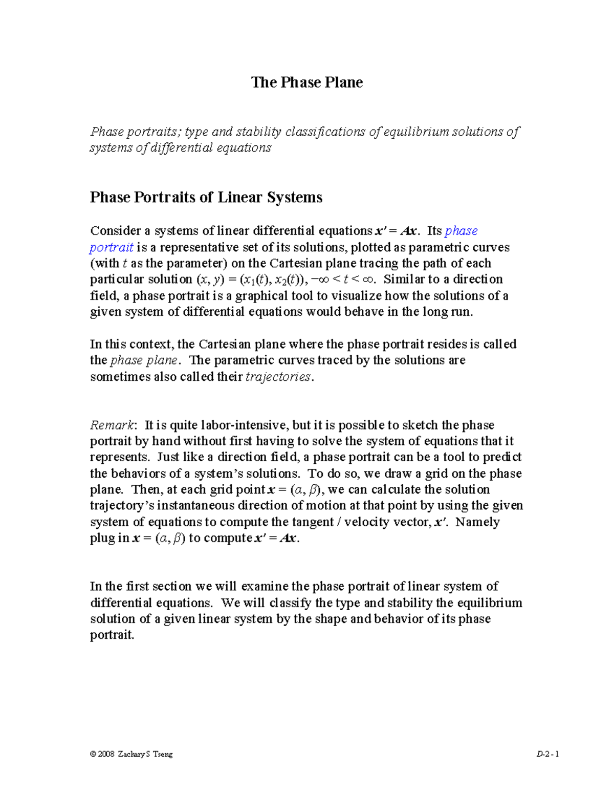 Notes-Phase Plane - The Phase Plane Phase portraits; type and stability ...