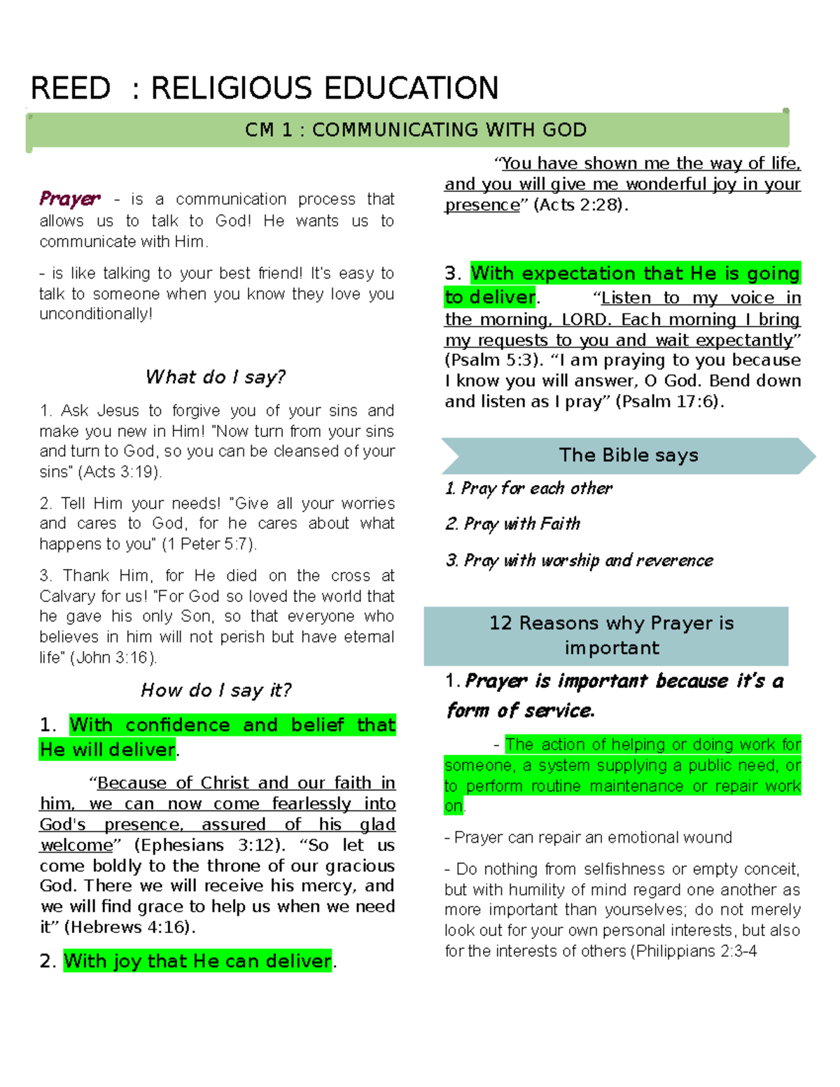 REED Notes - Learn wisely do not study hard - Prayer - is a ...