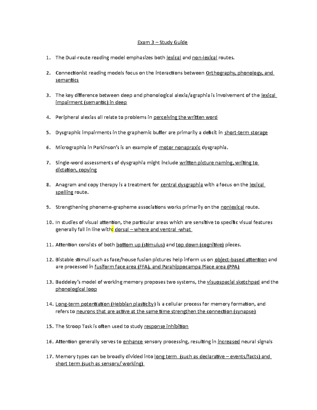 Exam 3 Study Guide Notes - Exam 3 – Study Guide The Dual-route reading ...