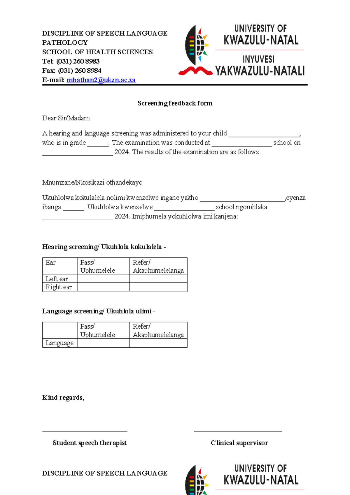 Referral letters SLP - UKZN B2 - DISCIPLINE OF SPEECH LANGUAGE ...