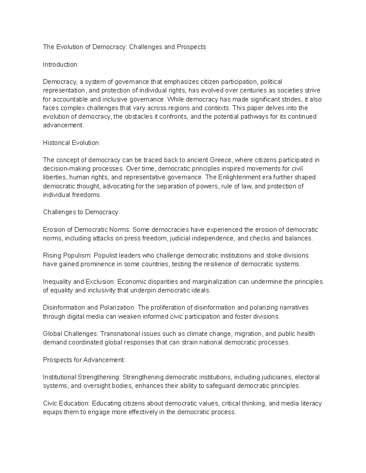 Evol of Democracy Paper - The Evolution of Democracy: Challenges and ...