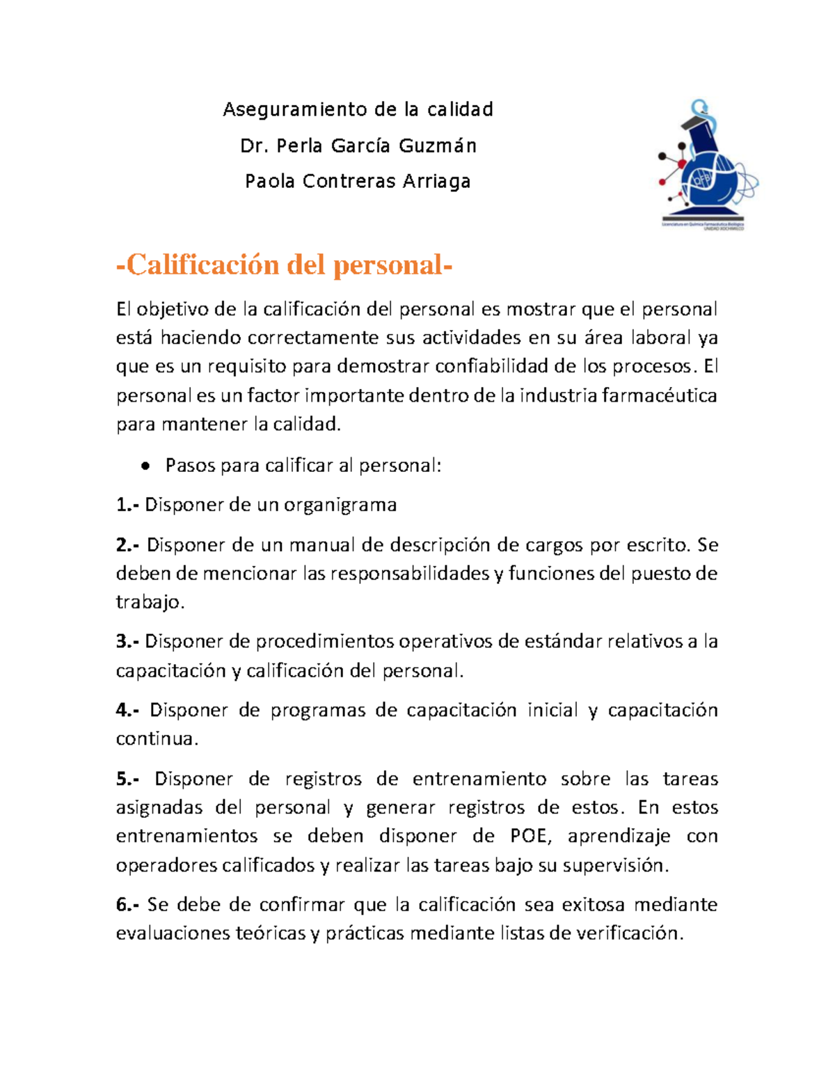 Calificacion del personal - Aseguramiento de la calidad Dr. Perla ...