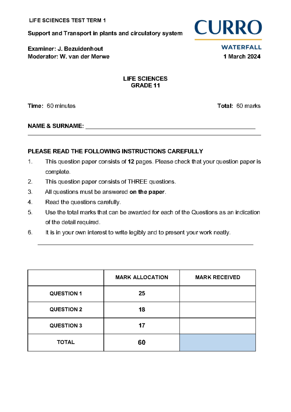 Gr 11 Test Term 1 2024 - term 1 cycle test on support and transport in ...