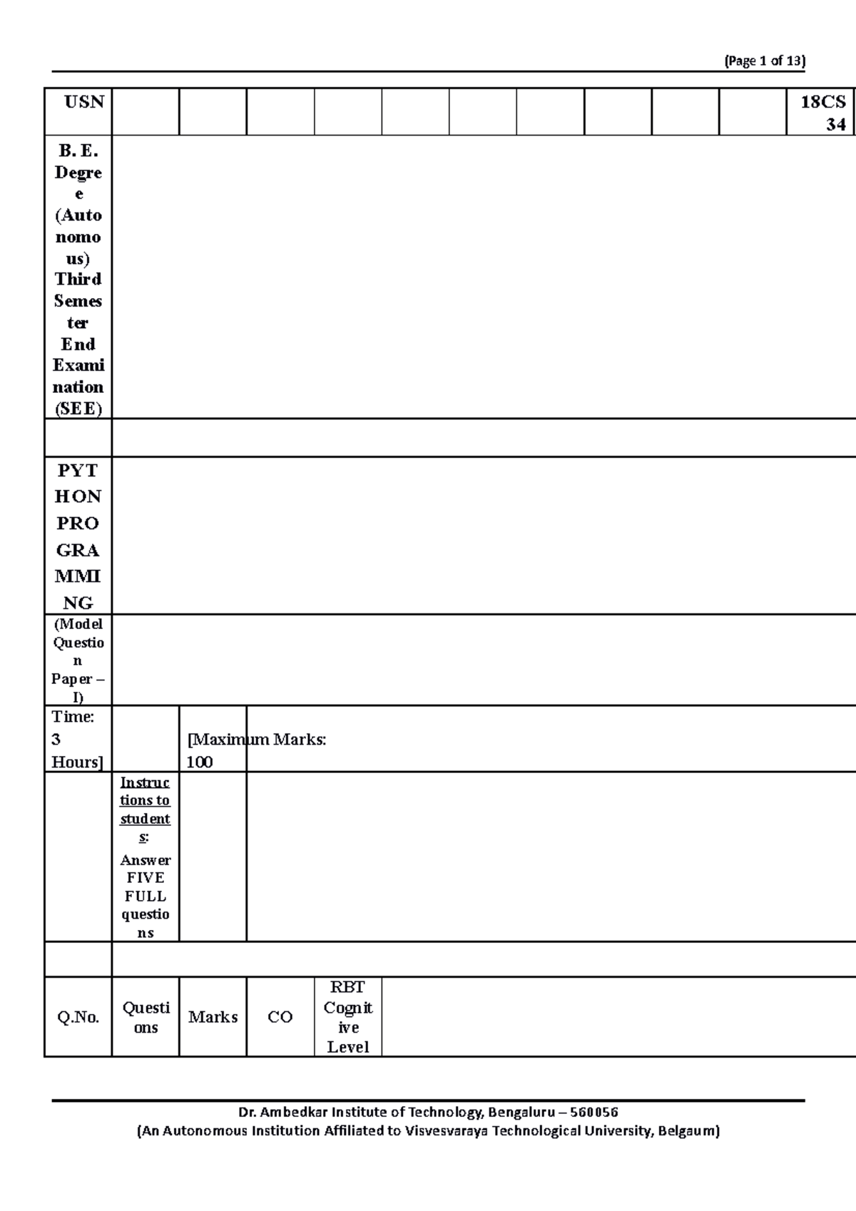 Python Model Question Paper 1 - USN 18CS 34 B. E. Degre e (Auto nomo us ...