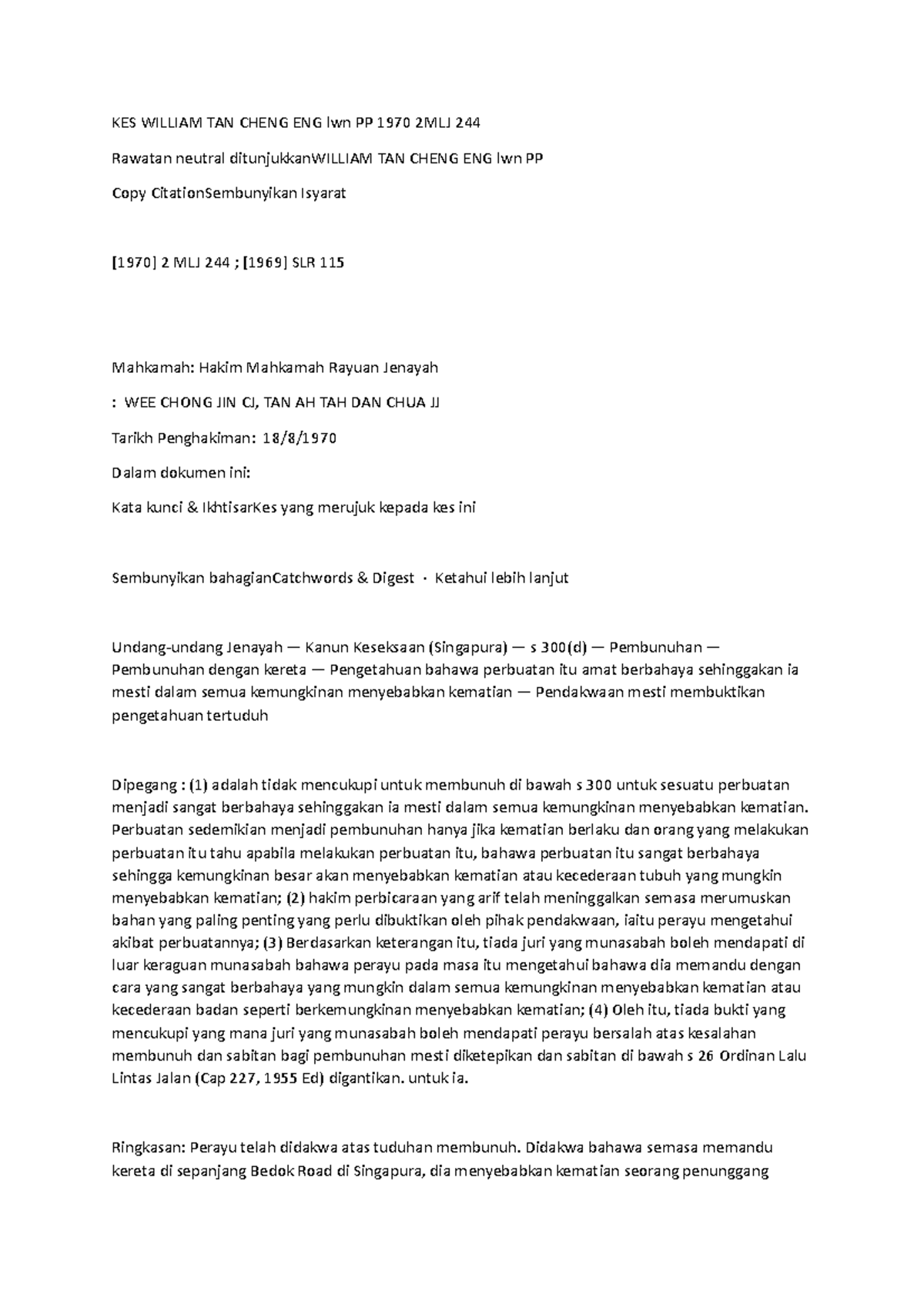 KES William TAN Cheng ENG lwn PP 1970 2MLJ 244 - KES WILLIAM TAN CHENG ENG lwn PP 1970 2MLJ 244 ...