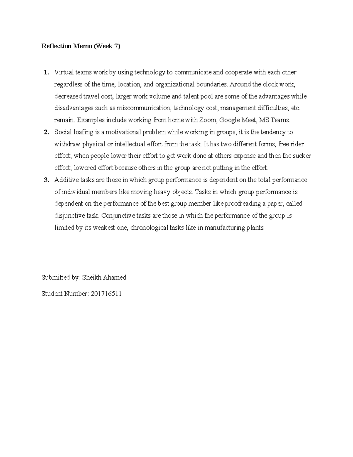 Week 5 memo - weekly memo - Reflection Memo (Week 7) 1. Virtual teams ...