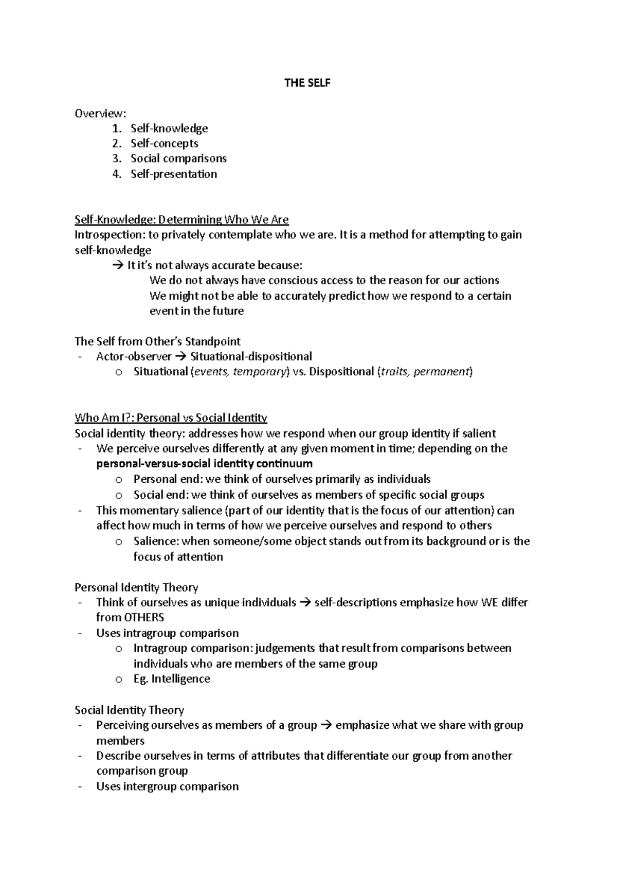 Chapter 3- THE SELF - Lecture notes 3 - THE SELF Overview: 1. Self ...