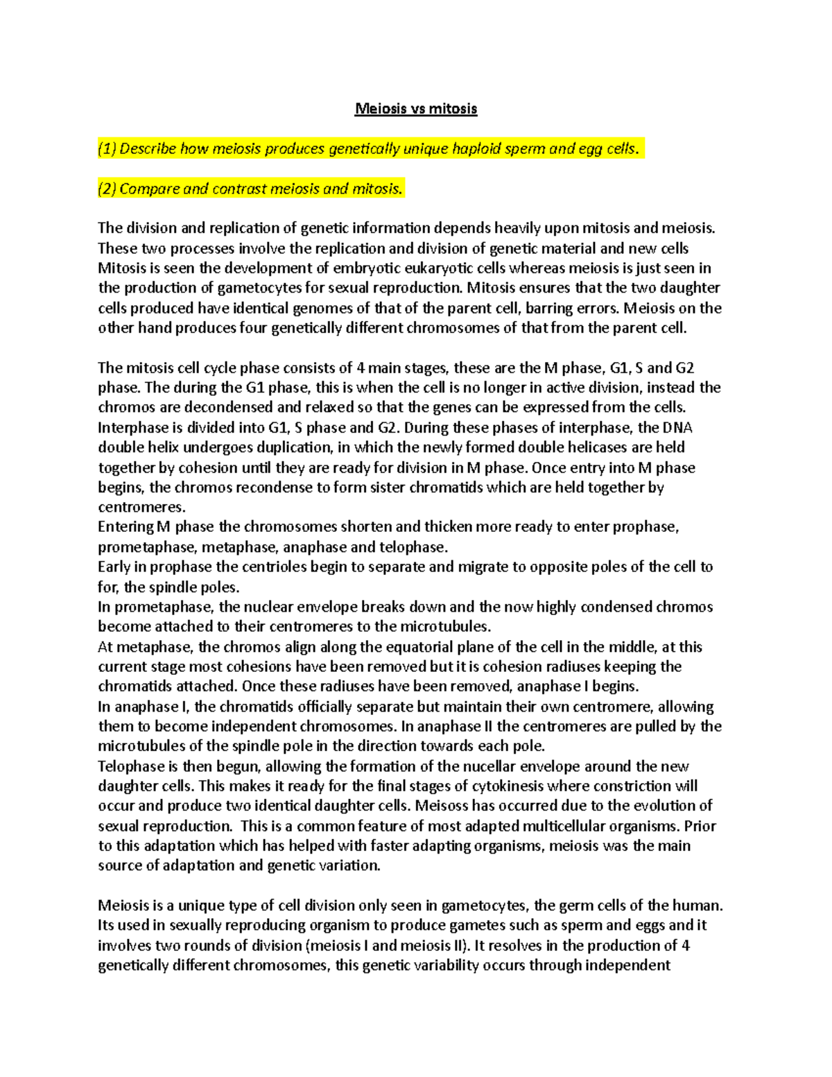 Meiosis vs mitosis - BI317 EXAM QUESTIONS - Meiosis vs mitosis (1 ...
