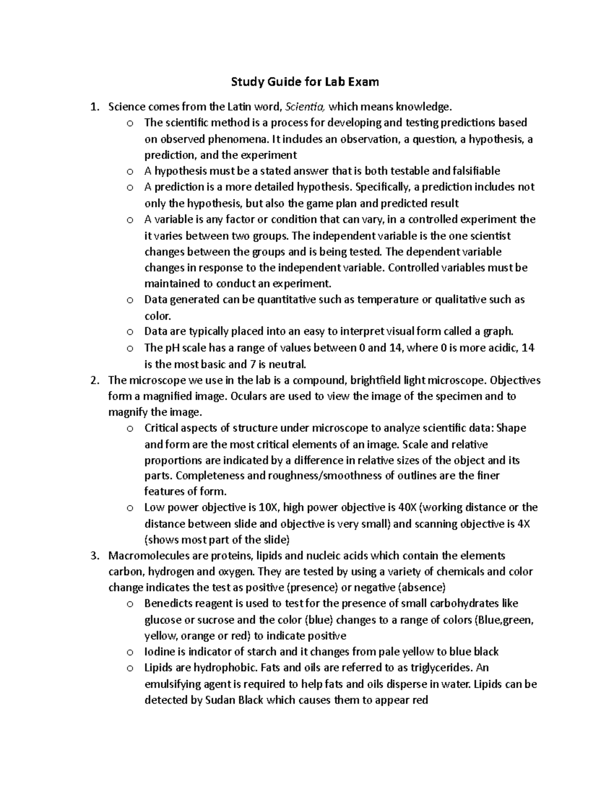 Study Guide for Lab Exam (General Biology) - Study Guide for Lab Exam 1 ...
