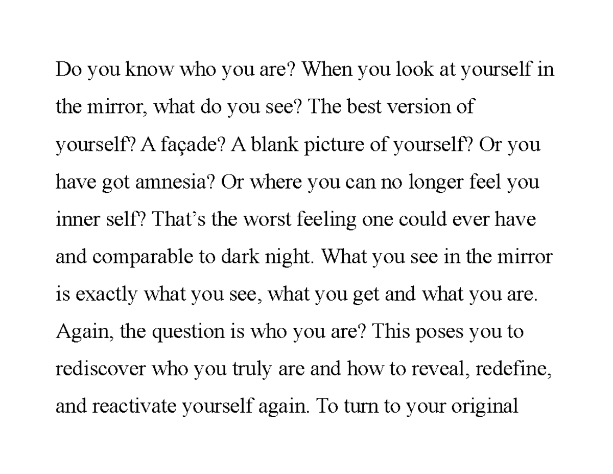 Do you know who you are - lecture - Do you know who you are? When you ...