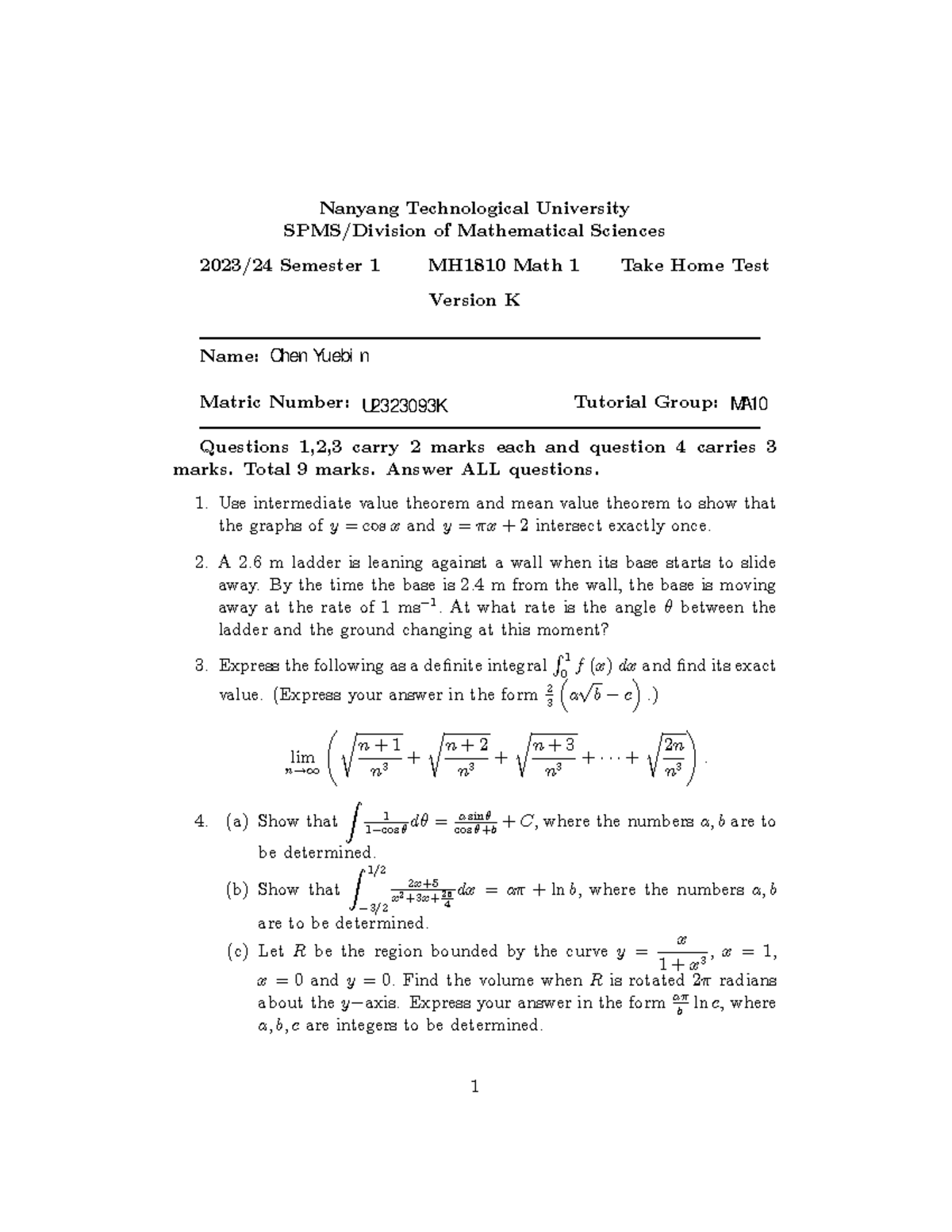 MH1810 Take Home Test 2023 Version K - Nanyang Technological University ...