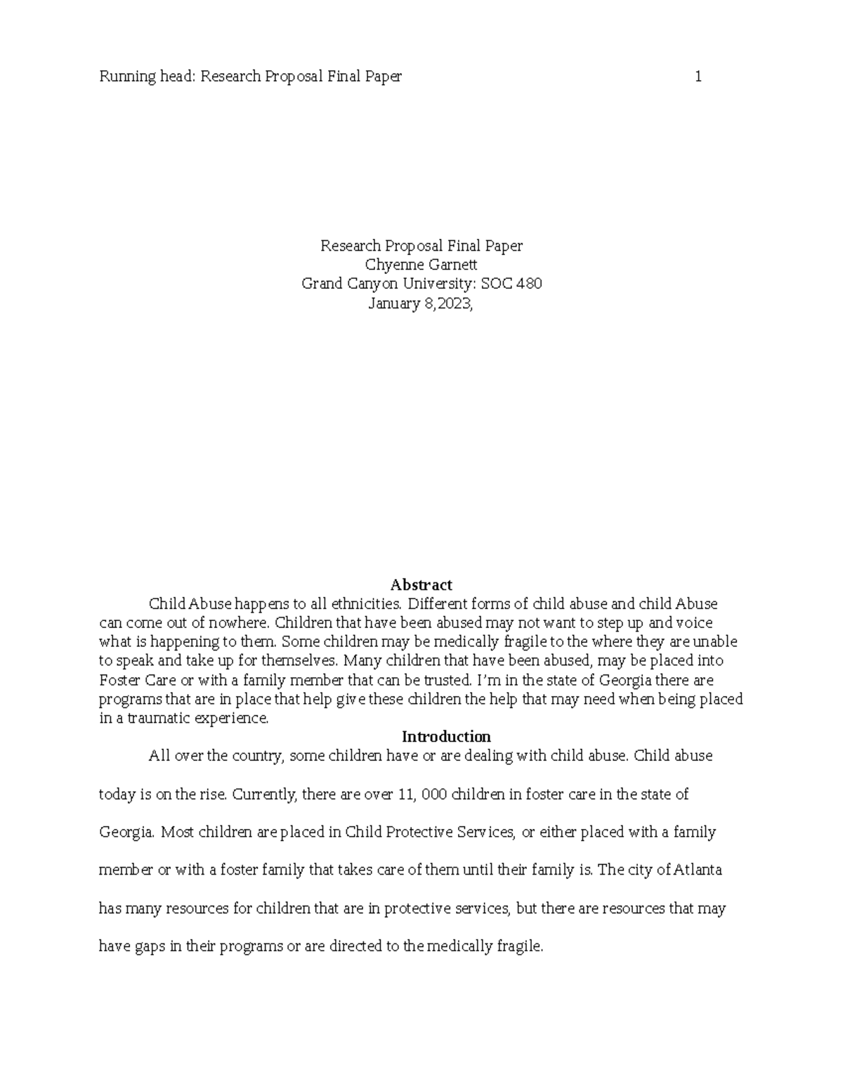 Research Proposal Final Paper: Child Abuse and Protective Services ...