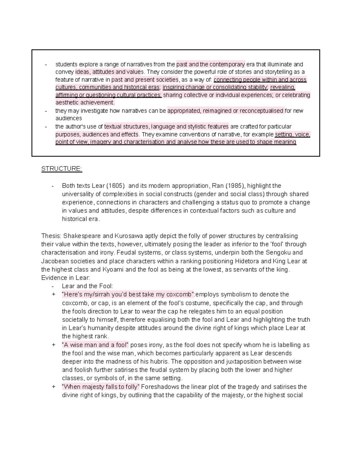 King Lear x Ran Plan - Plan for essay on King Lear (Shakespeare) and ...