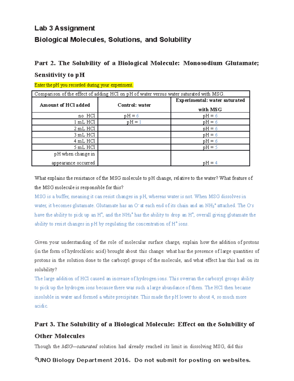 Lab 3 Assignment - Dr. Matt Northam - Lab 3 Assignment Biological Molecules, Solutions, and ...