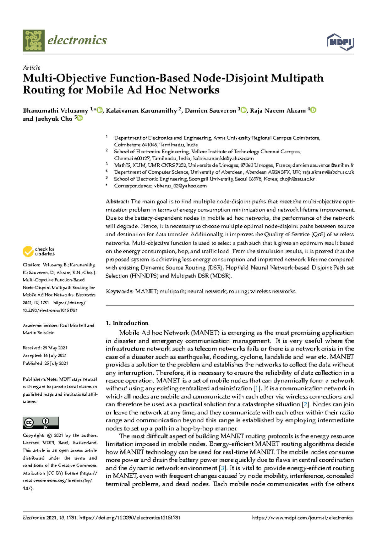 Paper ID- electronics Article Multi-Objective Function-Based Node-Disjoint Multipath Routing for ...