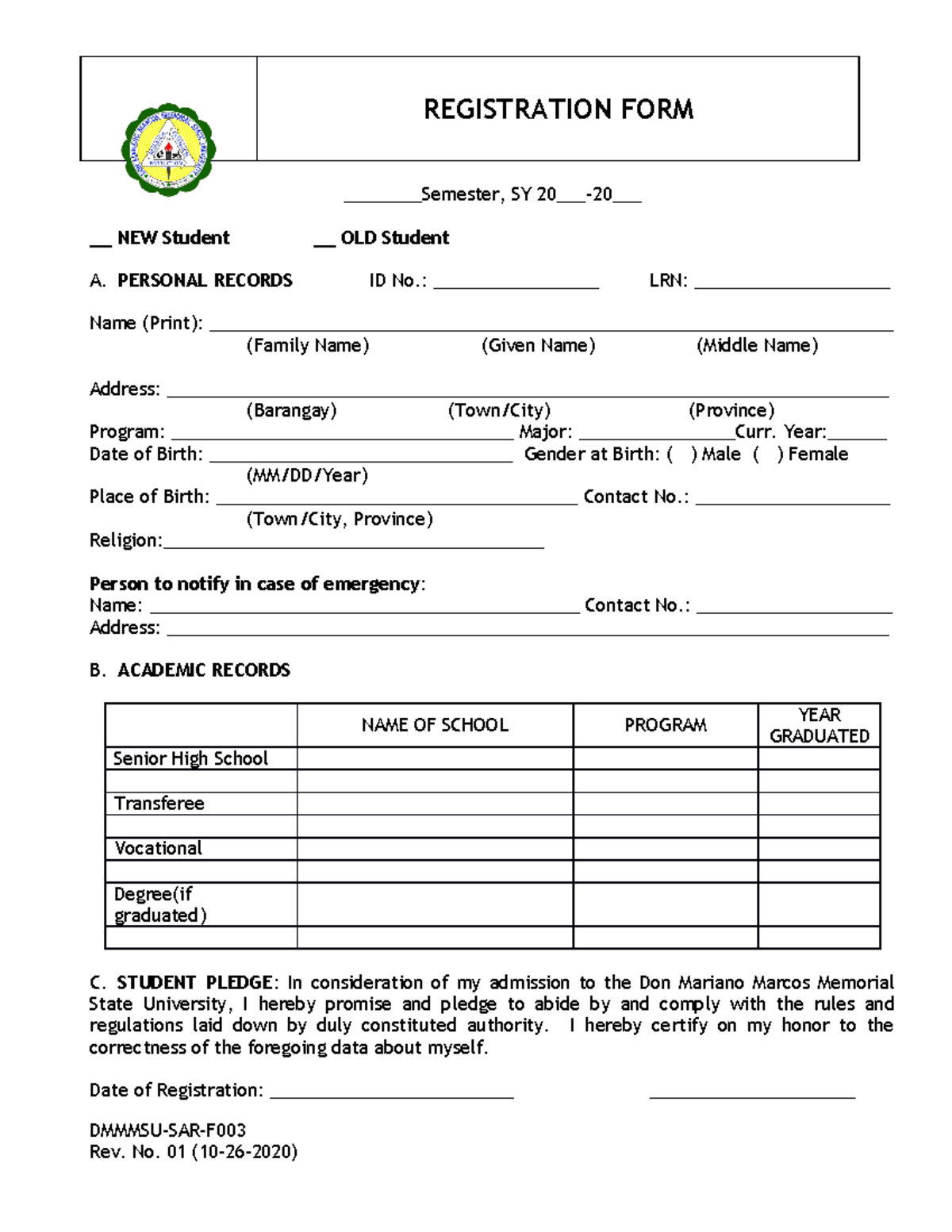 SAR F003 Registration FORM - REGISTRATION FORM __Semester, SY 20-20 ...