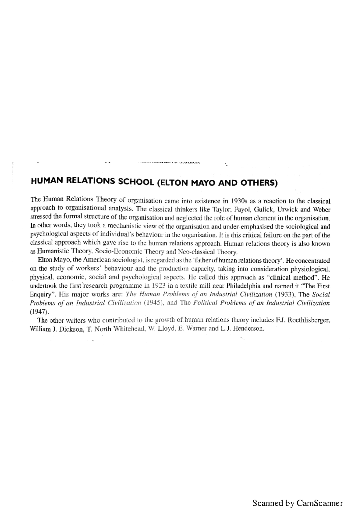 Elton Mayo ML - Notes - HUMAN RELATIONS SCHOOL (ELTON MAYO AND OTHERS ...