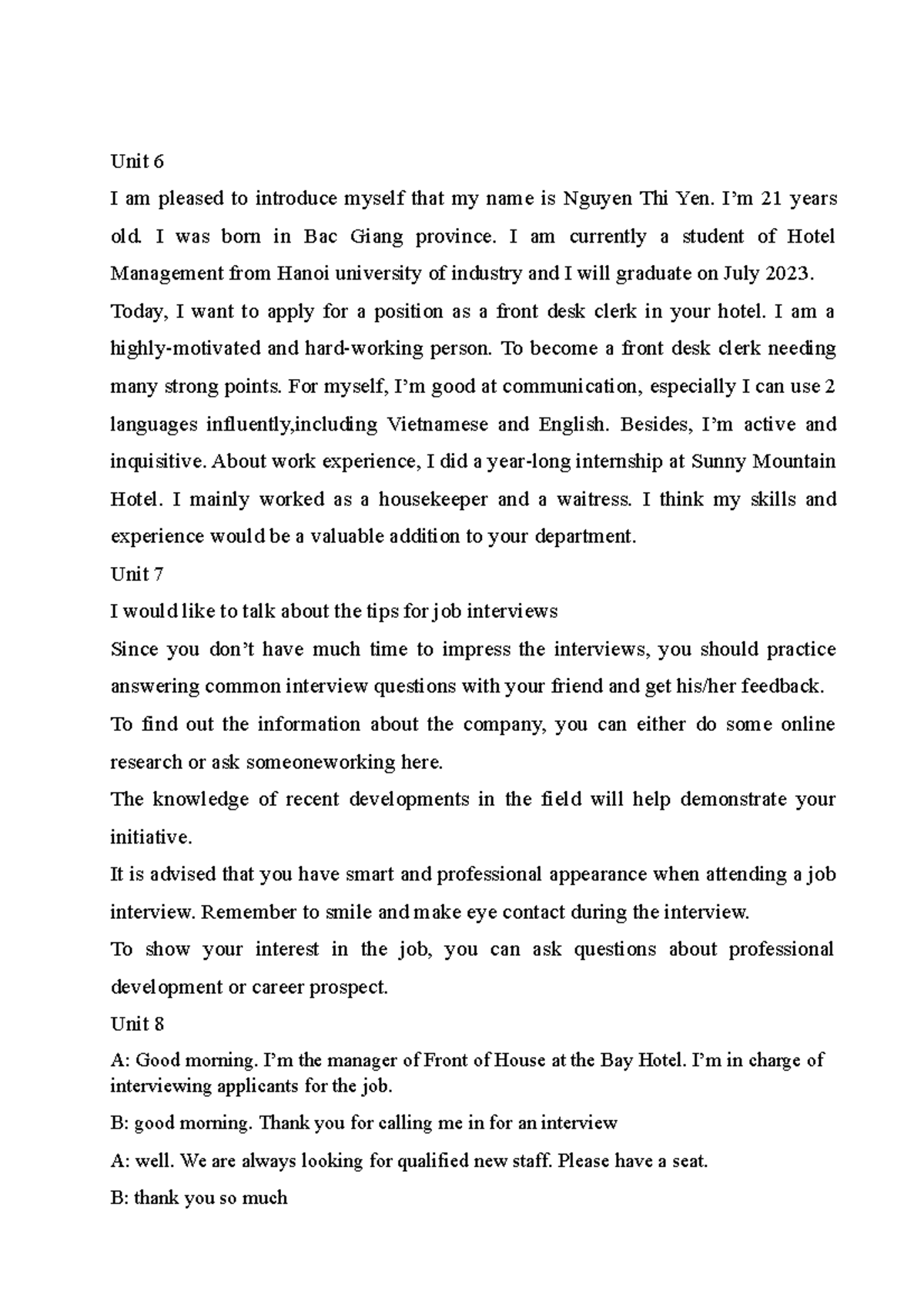 Nói 6-7-8 - rgrgrh - Unit 6 I am pleased to introduce myself that my ...