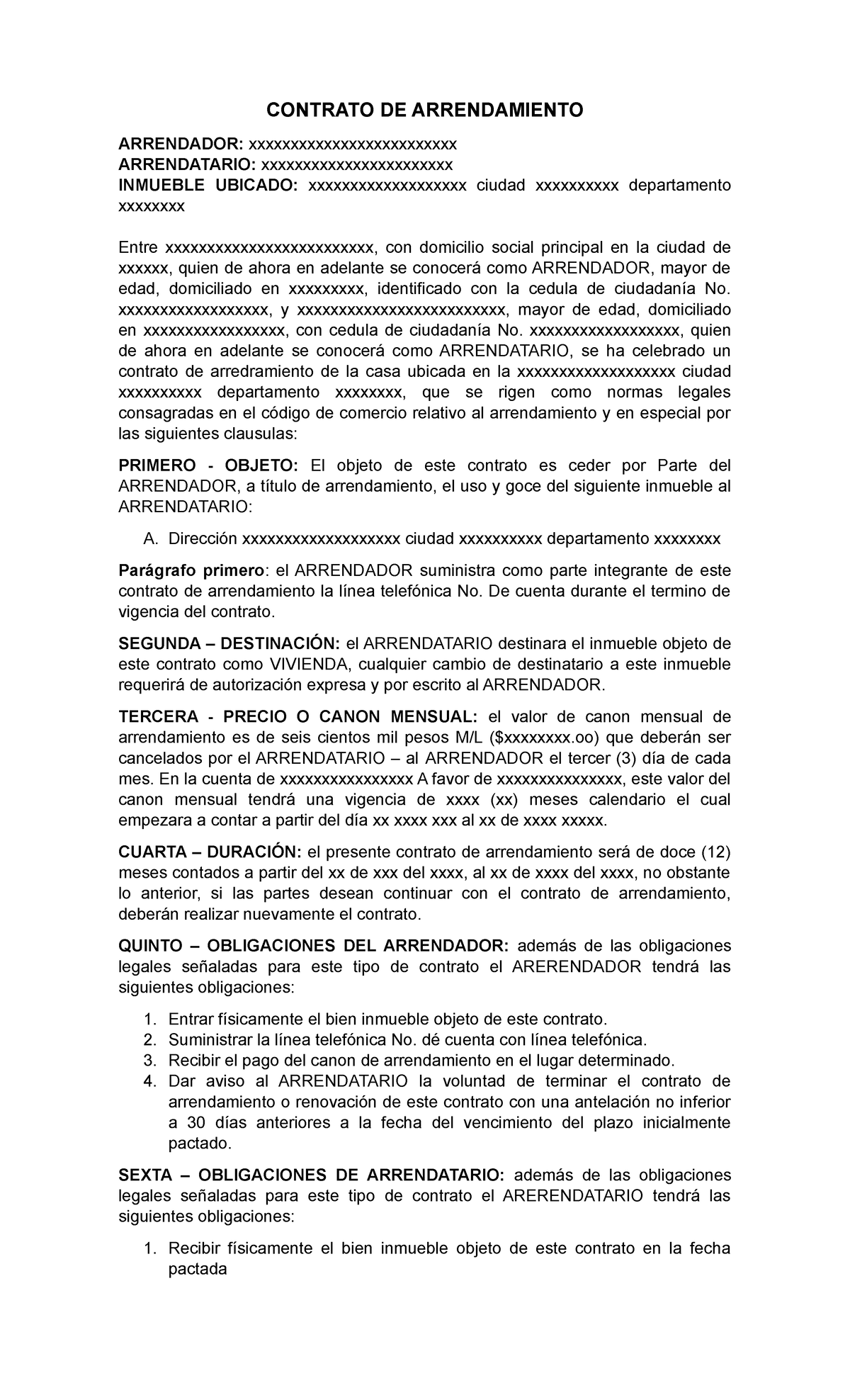 Minuta Contrato DE Arrendamiento - CONTRATO DE ARRENDAMIENTO ARRENDADOR ...