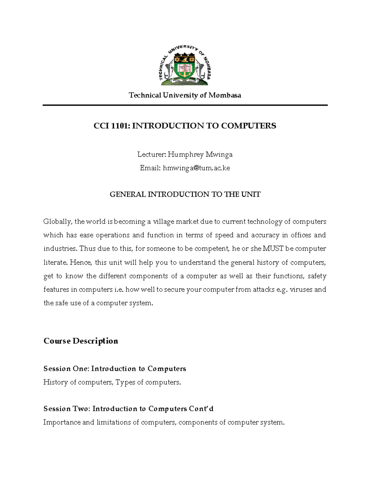 course description - Technical University of Mombasa CCI 1101 ...