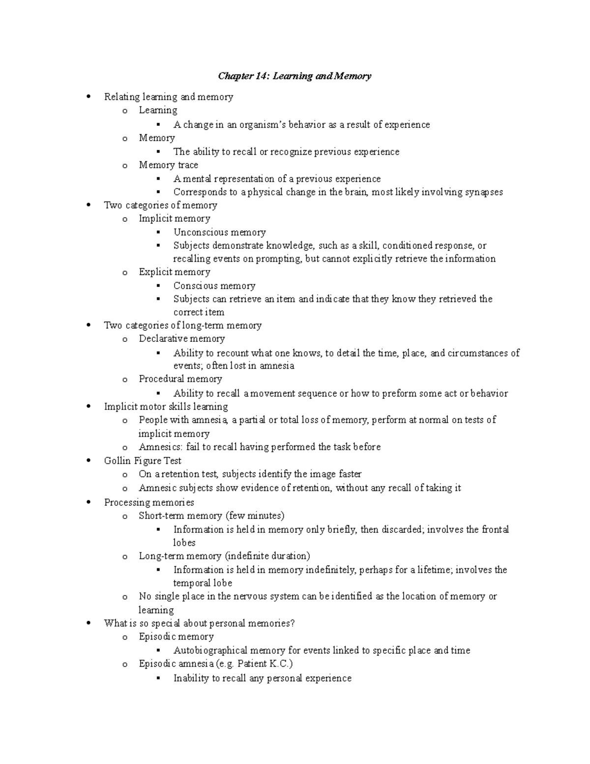 Chapter 14 Learning and Memory - Chapter 14: Learning and Memory Relating learning and memory o ...