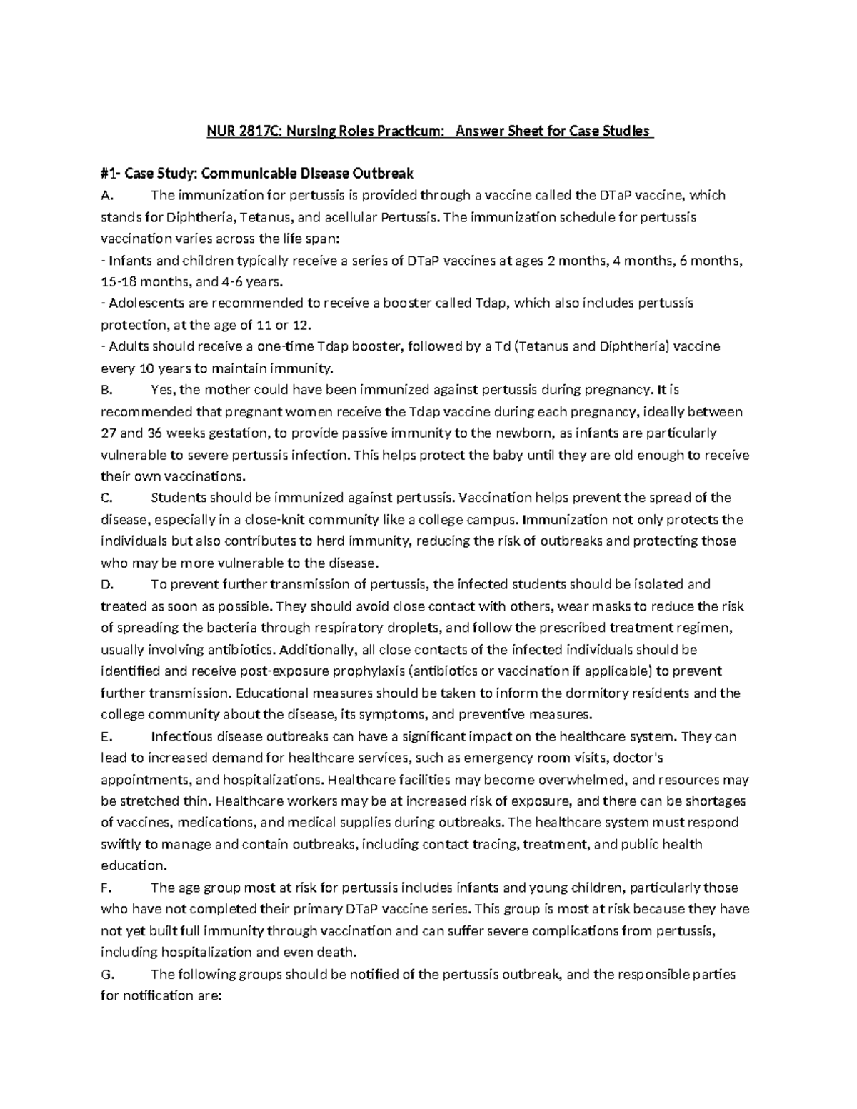 Case Studies Assignment - NUR 2817C: Nursing Roles Practicum: Answer ...