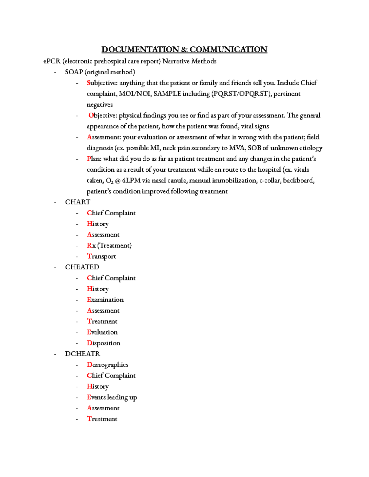 Week 2 - week 2 notes - DOCUMENTATION & COMMUNICATION ePCR (electronic ...