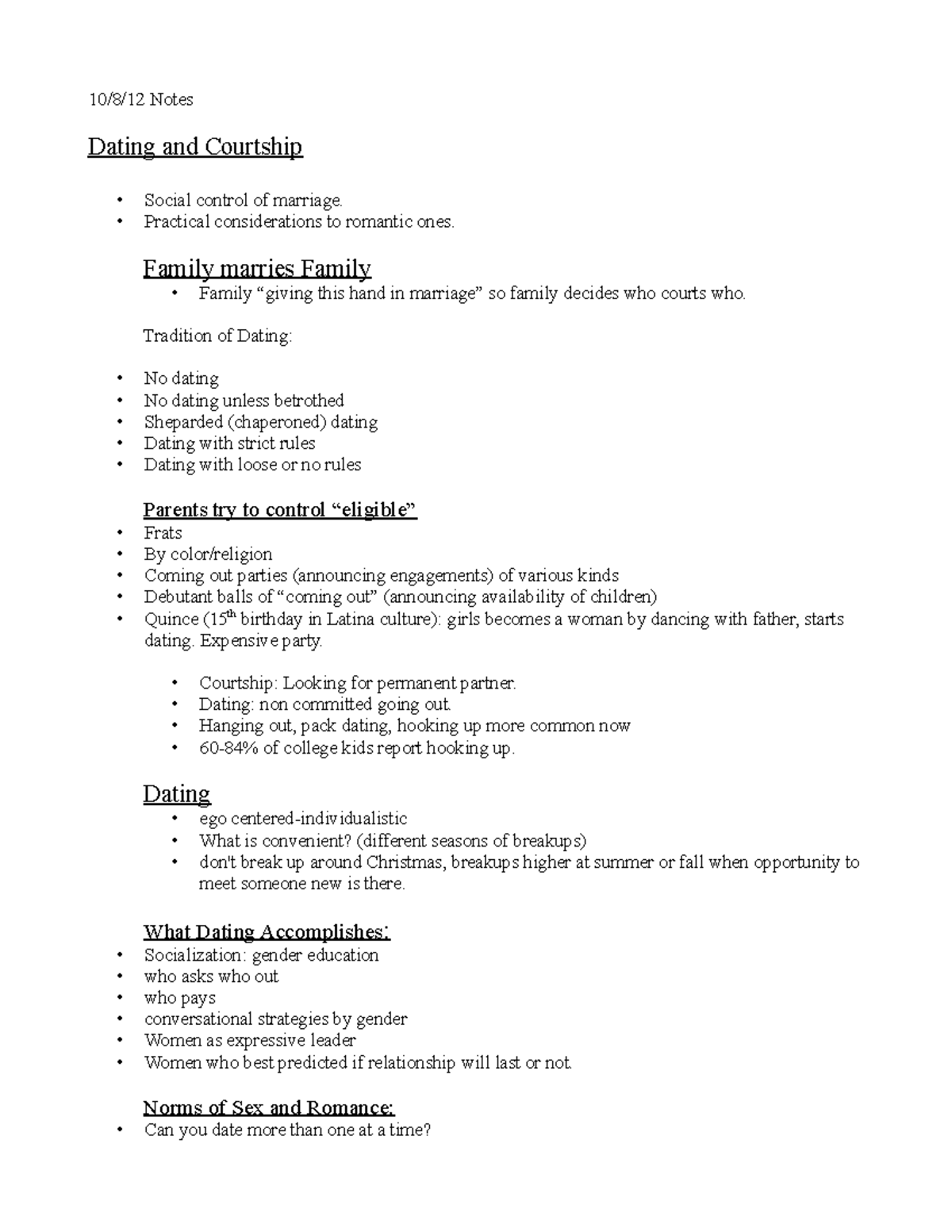 Soc 351 notes final version - 10/8/12 Notes Dating and Courtship Social ...