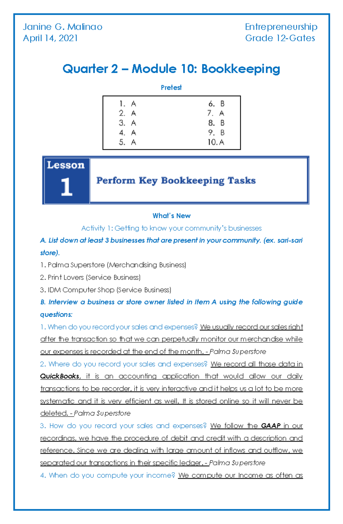 Entrepreneurship Module 10 - Quarter 2 – Module 10: Bookkeeping Pretest ...