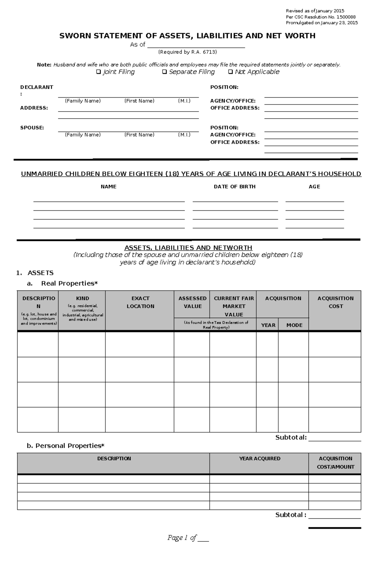 SALN Revised as of 2015 - Revised as of January 2015 Per CSC Resolution ...