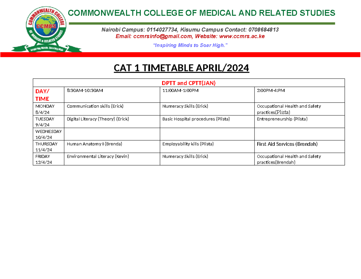 March Intake Cat 1 timetable April 24 - CAT 1 TIMETABLE APRIL/ DPTT and ...