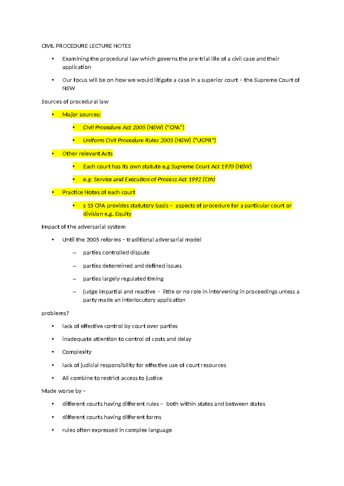 Civil Procedure Lecture Notes Civil Procedure Lecture Notes Examining The Procedural Law Which