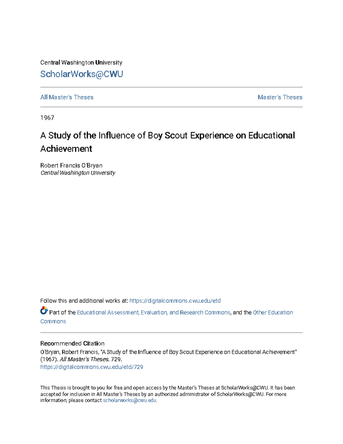 A Study of the Influence of Boy Scout Experience on Educational A - cwu ...