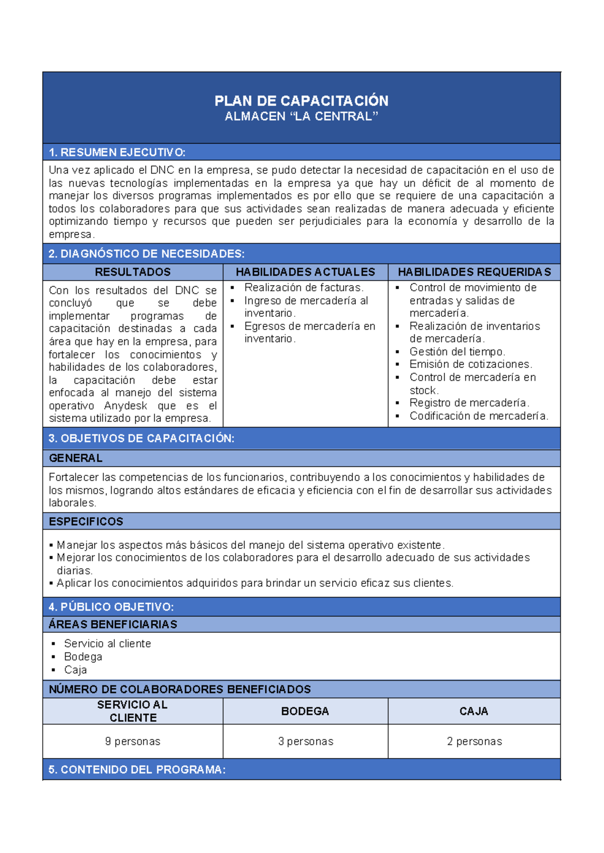 PLAN DE Capacitacion Almacen LA Central - PLAN DE CAPACITACIÓN ALMACEN ...