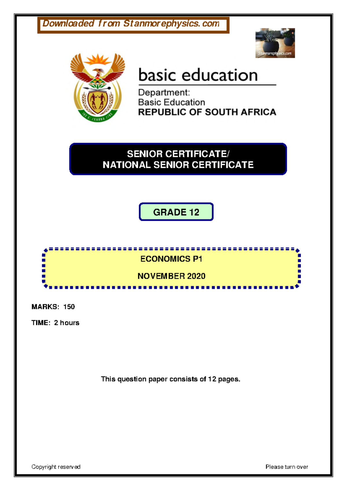Economics Grade 12 Nov 2020 P1 and Memo - MARKS: 150 TIME: 2 hours This ...
