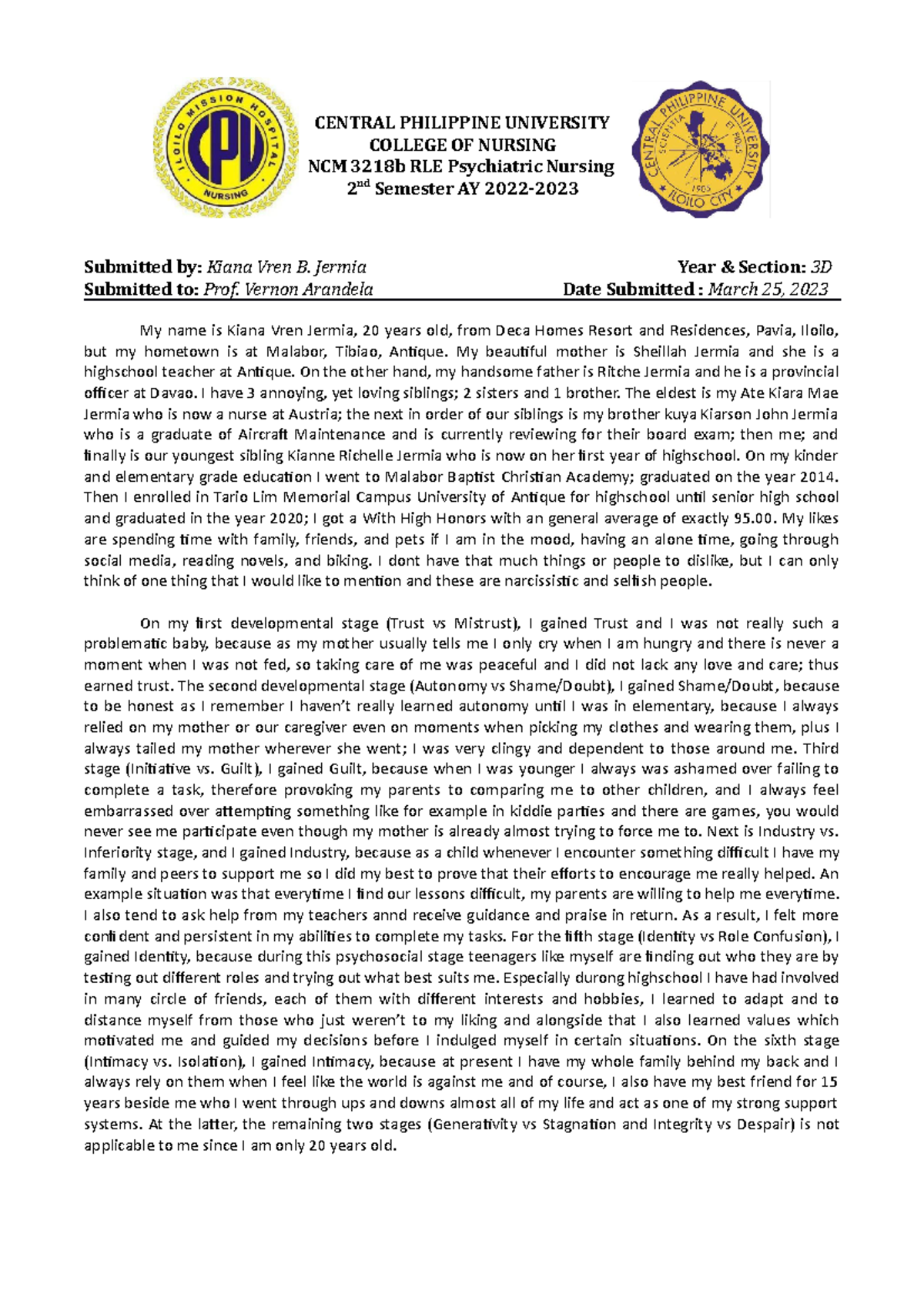 Psych Autobiography - CENTRAL PHILIPPINE UNIVERSITY COLLEGE OF NURSING ...