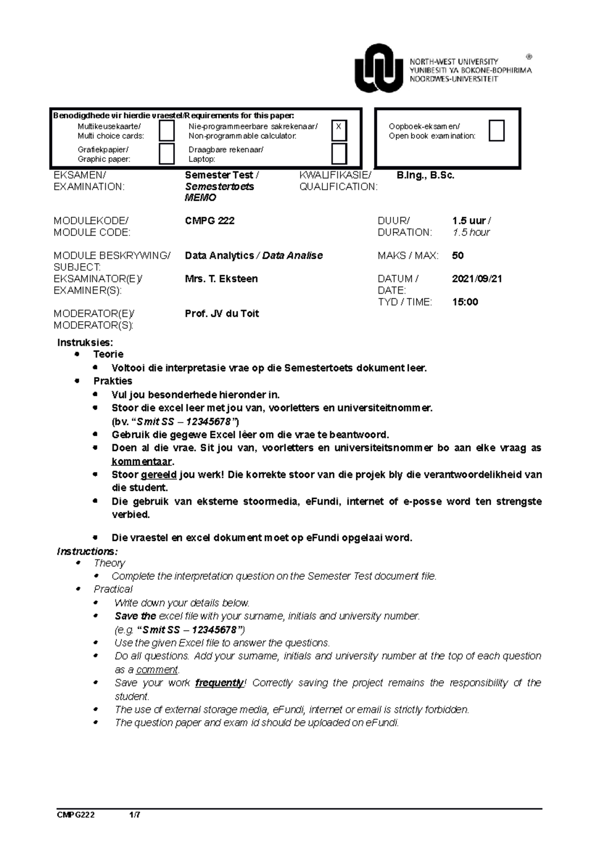 DA65 12September 2023 Semester test 2021 memo - Benodigdhede vir ...