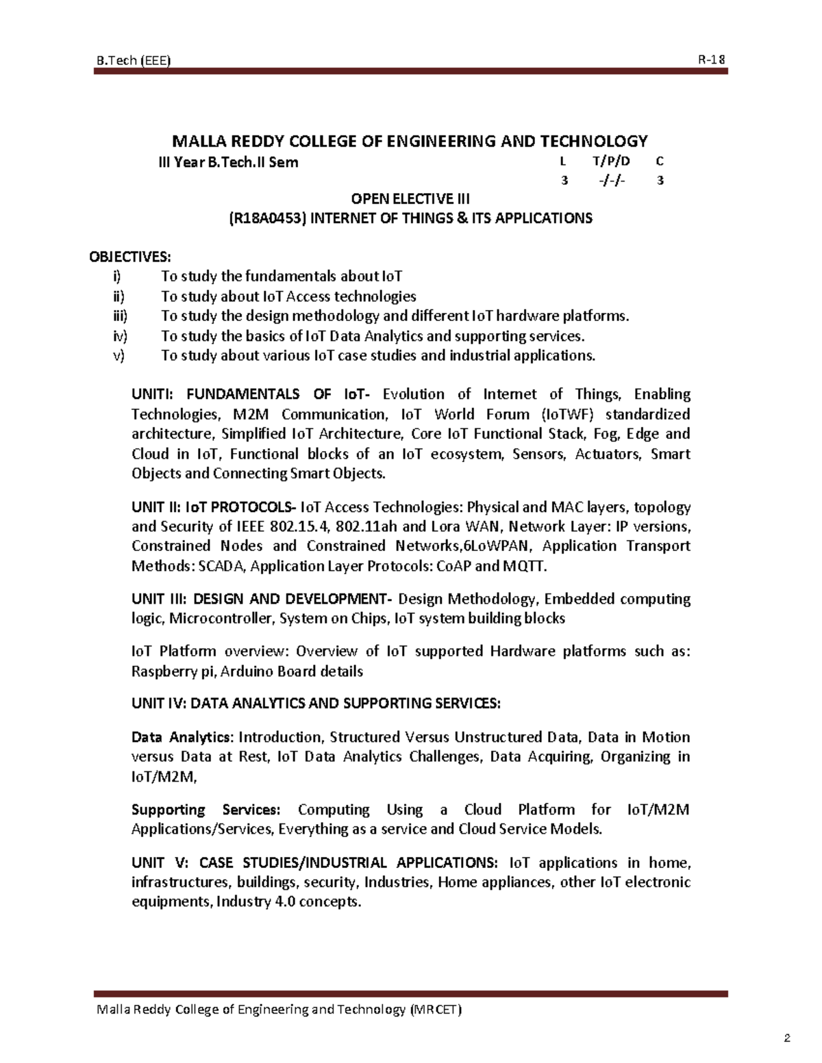 Iot Unit 1 Lecture Notes 1 Internet Of Things R 18 Malla Reddy College Of Engineering