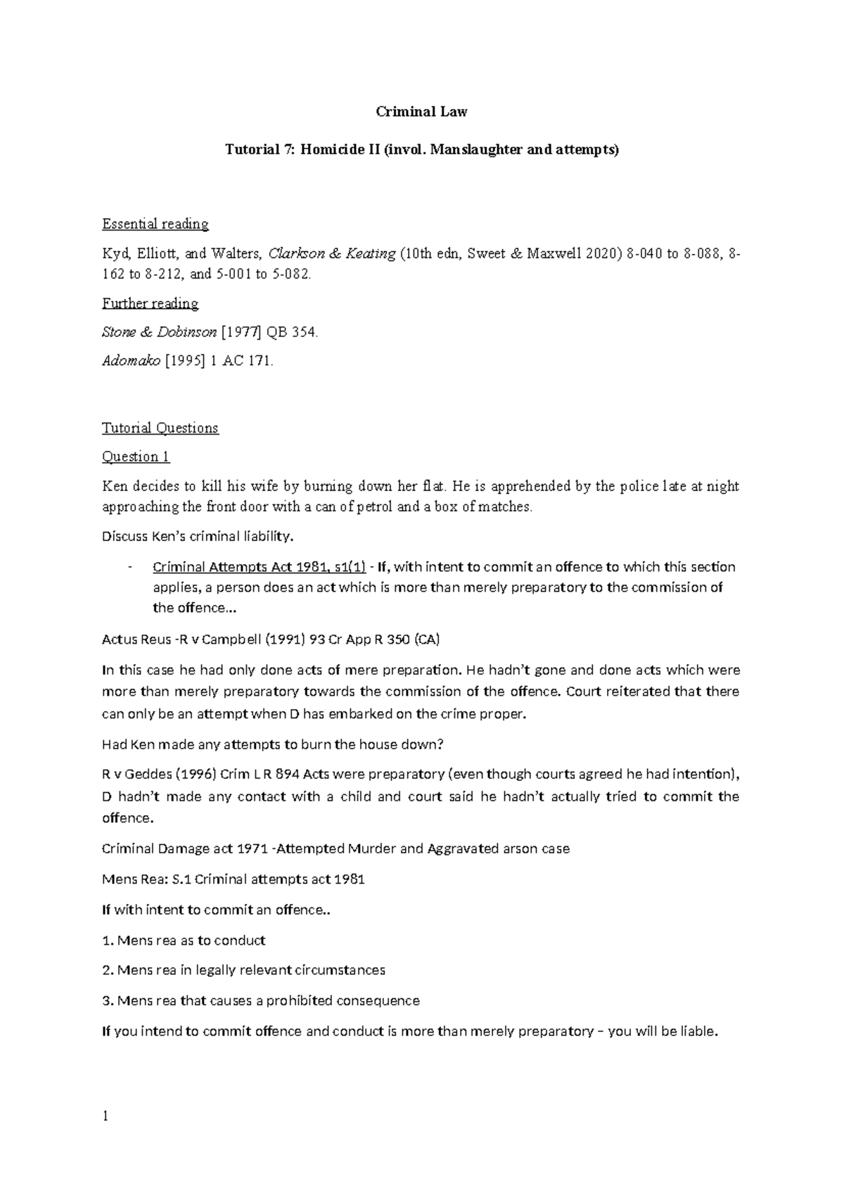 Tutorial 7 - Criminal Law Tutorial 7: Homicide II (invol. Manslaughter ...