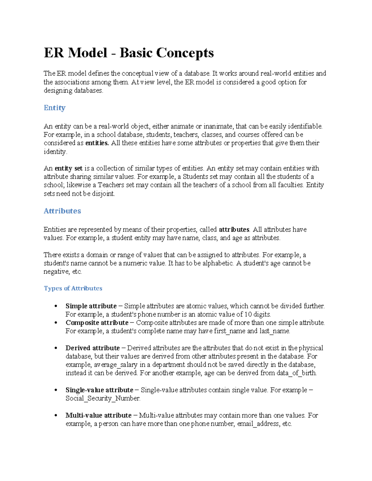 ER Model Topic three - NOTES - ER Model - Basic Concepts The ER model ...