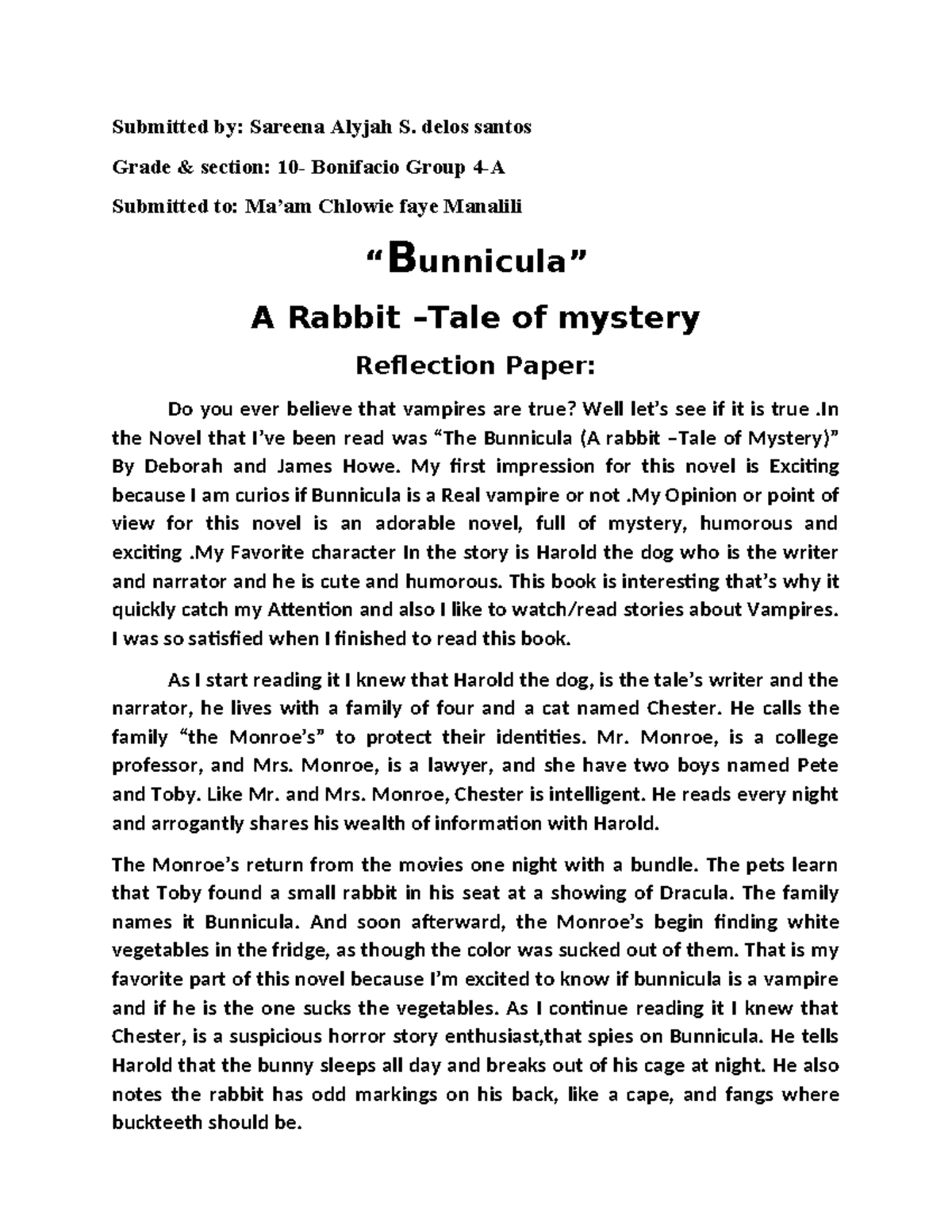 Bunnicula BOOK Reflection Paper - Submitted by: Sareena Alyjah S. delos ...