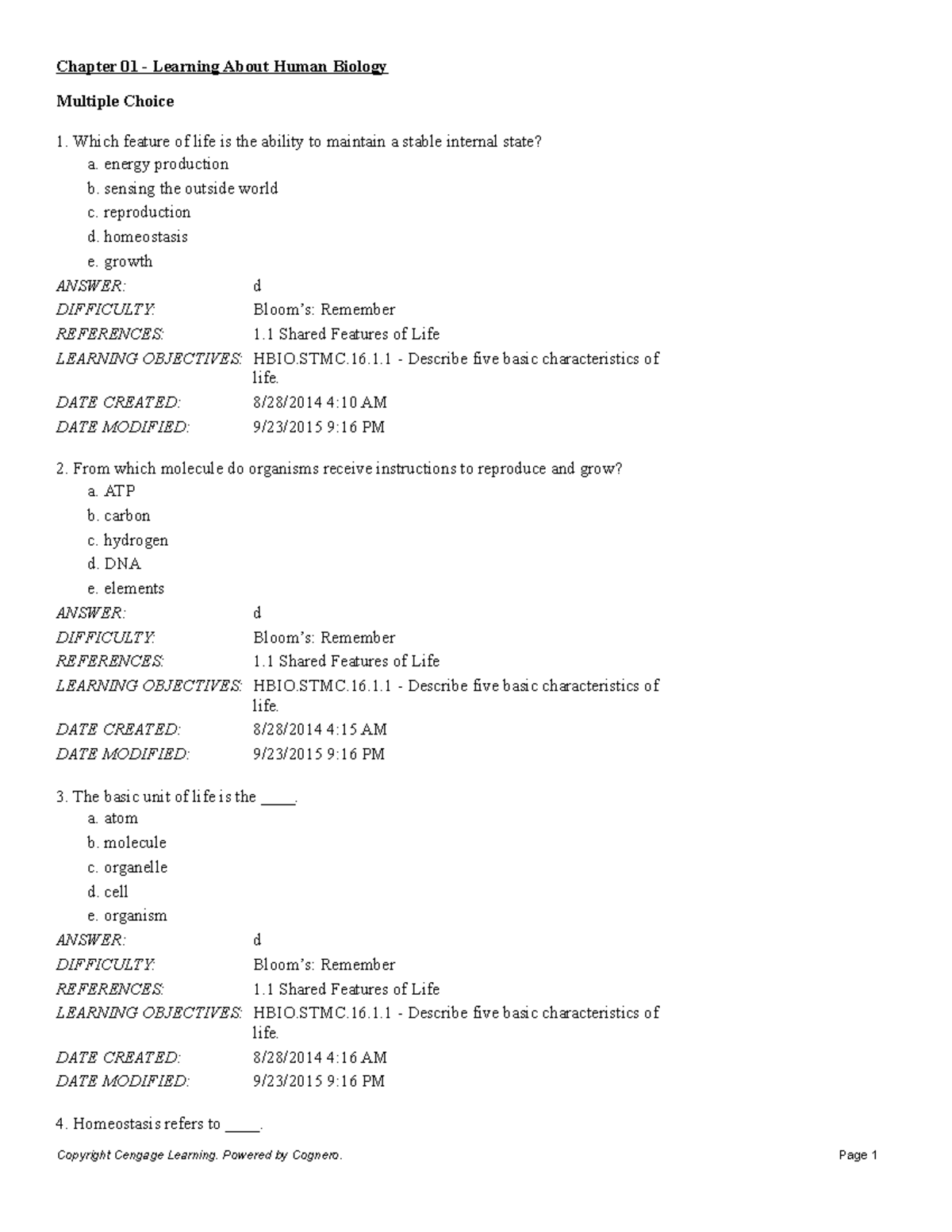 Chapter 01 Learning About Human Biology - Multiple Choice 1. Which ...