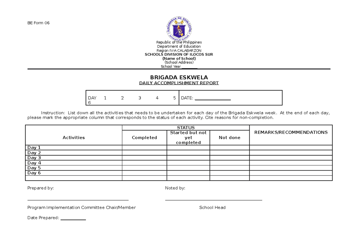 BE Form 6 Daily Accomplishment Report - BE Form 06 Republic of the ...